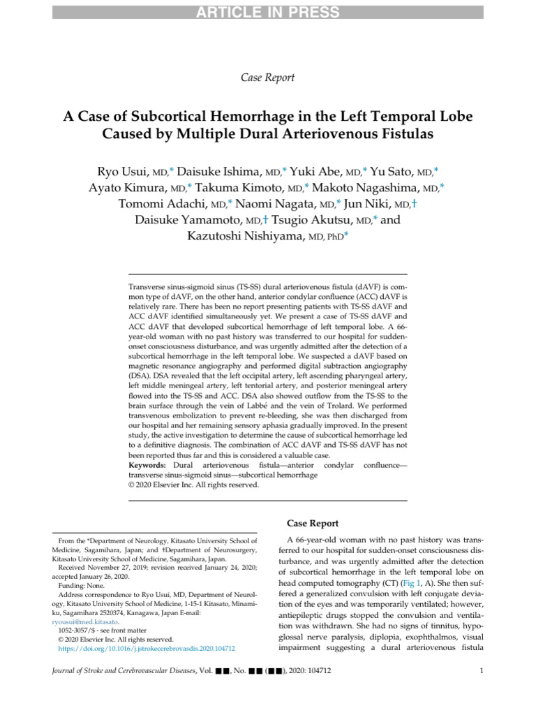 A Case of Subcortical Hemorrhage in The Left Temporal Lobe Caused by ...