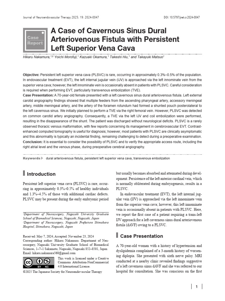 A Case of Cavernous Sinus Dural Arteriovenous Fistula With Persistent Left Superior Vena Cava ...