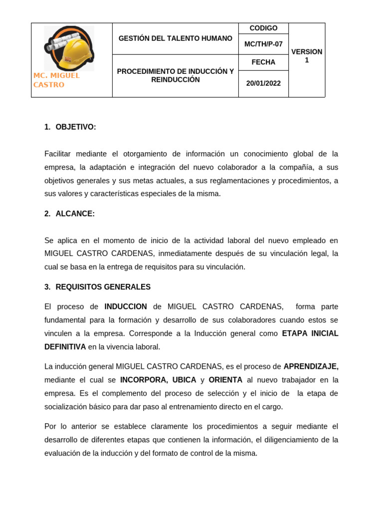 MC-TH-P-07 Procedimiento de Inducción y Reinducción | PDF | Gestión de ...