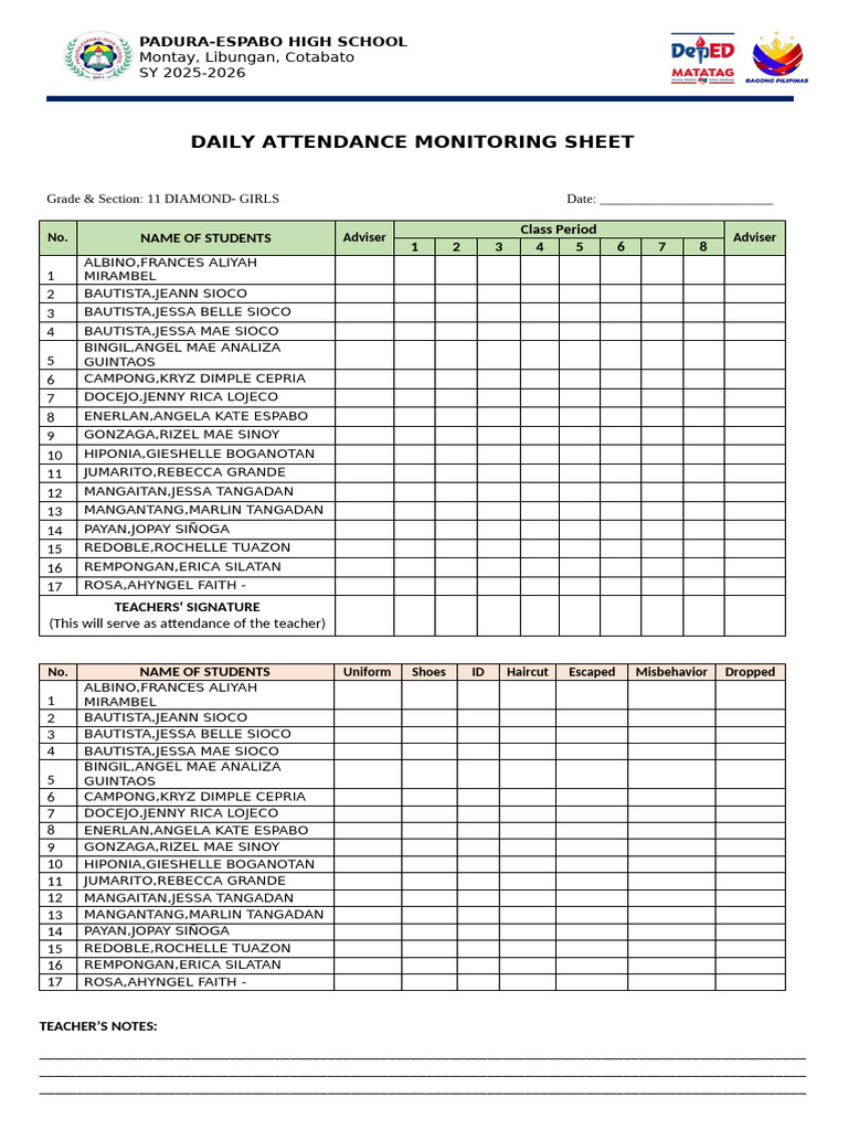 Daily Attendance Monitoring Sheet | PDF