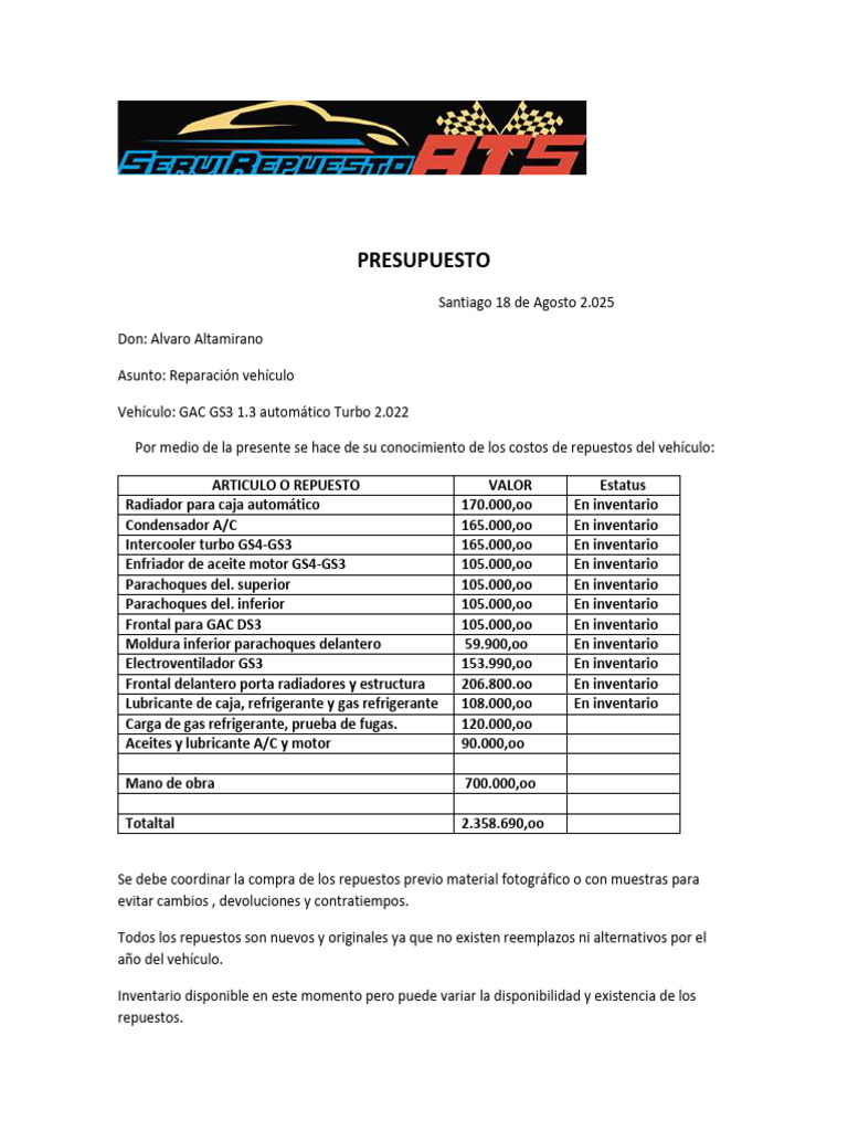 Presupuesto GAC GS3 2022 | PDF | Estilos de carrocería | Industria automotriz