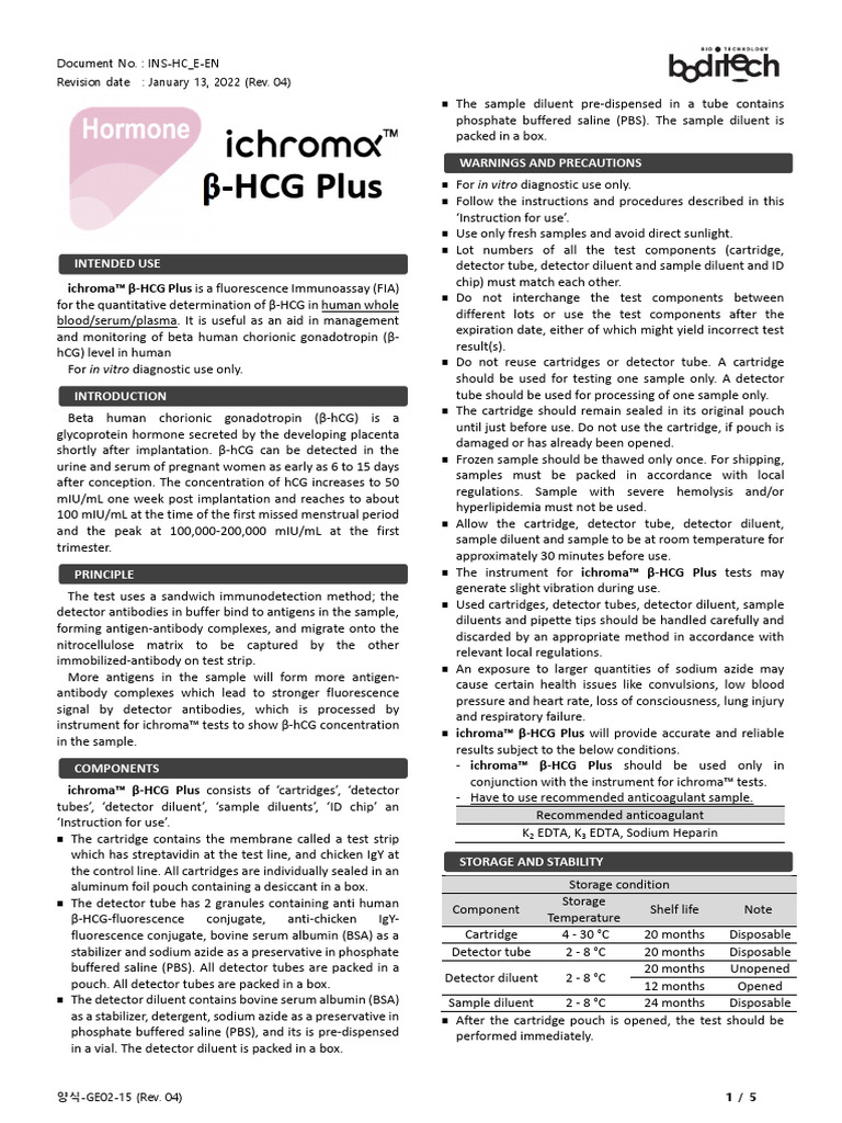 ichroma™ β-HCG Plus Test Overview | PDF | Blood Plasma | Detection Limit