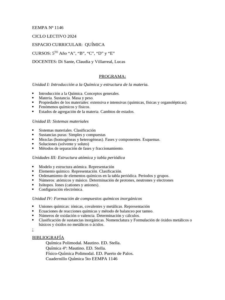 PROGRAMA QUÍMICA 5TO 2024 EEMPA Nº 1146 | PDF