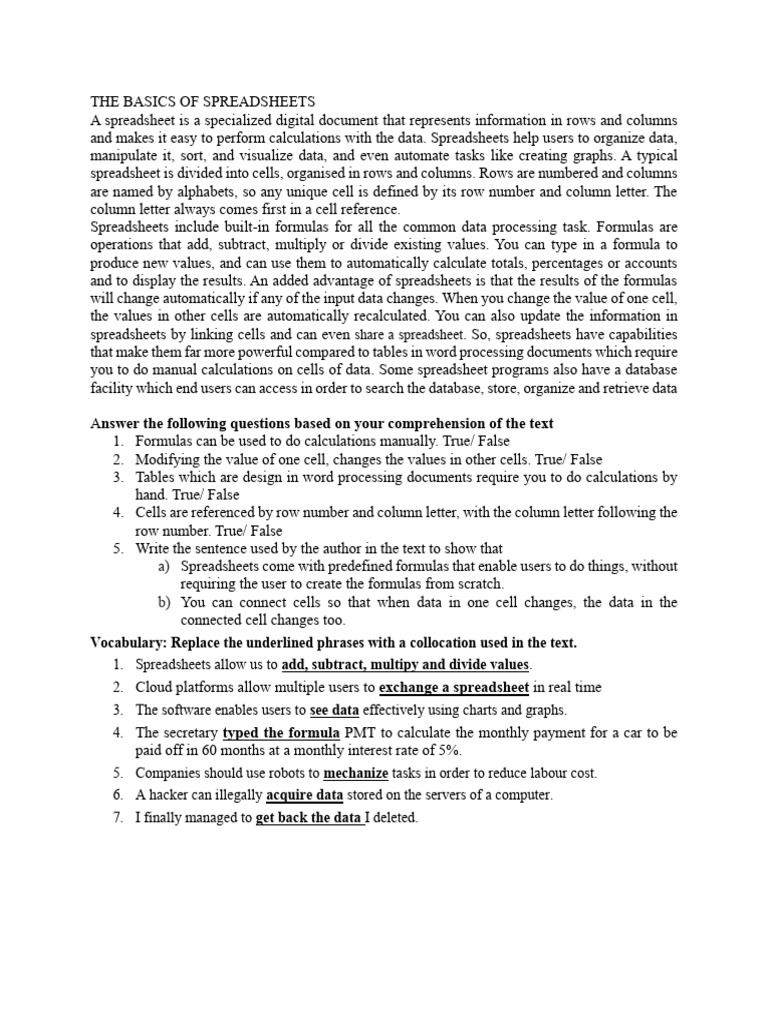 Students Worksheet the Basic of Spreadsheets | PDF | Spreadsheet | Software