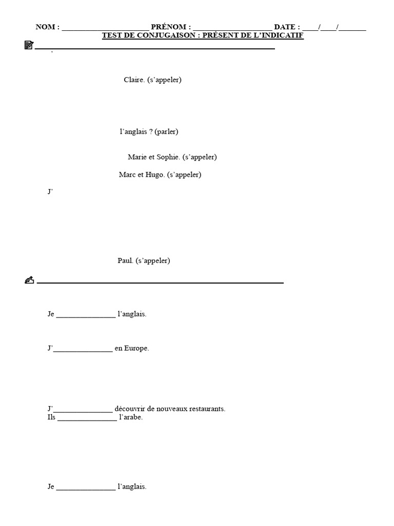 Test de conjugaison : présent indicatif | PDF | Ouverture (échecs ...
