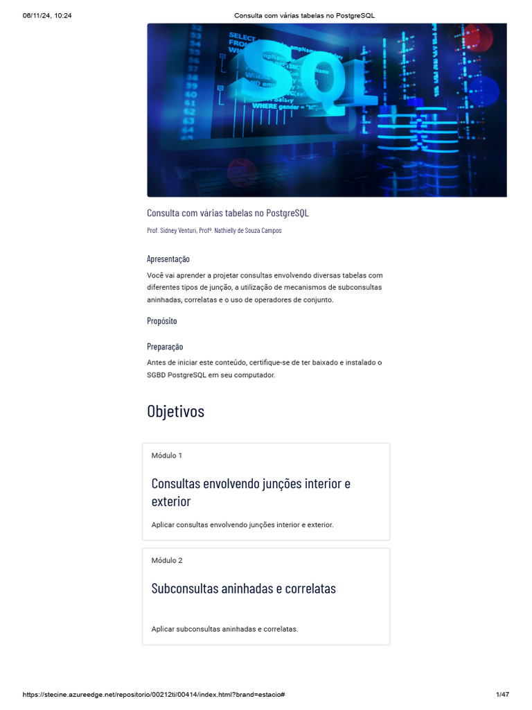 Consulta Com Várias Tabelas No PostgreSQL | PDF | SQL | Tabela (banco ...