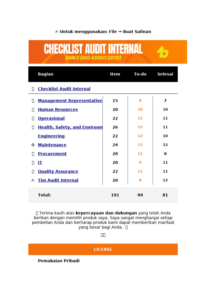 F SMK3 03 Checklist Audit Internal | PDF