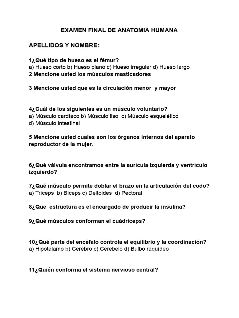 Examen Final de Anatomia Humana | PDF