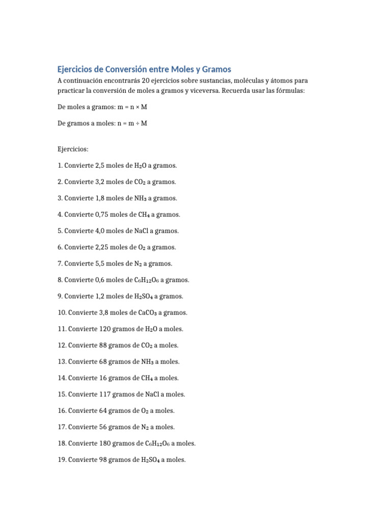 Ejercicios de Moles a Gramos | PDF