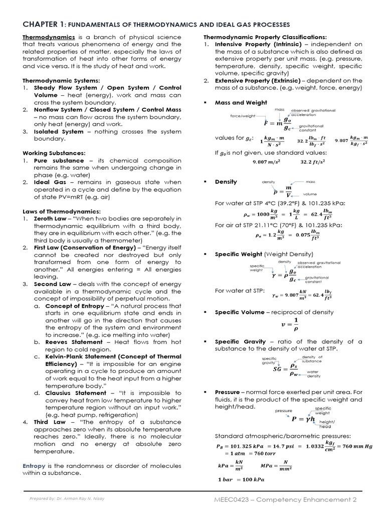 MEEC0423 CHAPTER 1 Thermodynamics | PDF | Heat | Gases