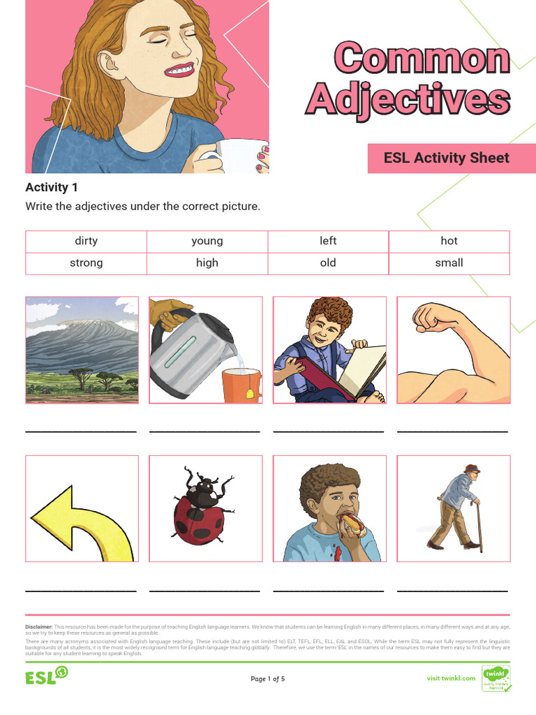 ESL Adjectives Activity Sheet | PDF | English As A Second Or Foreign ...