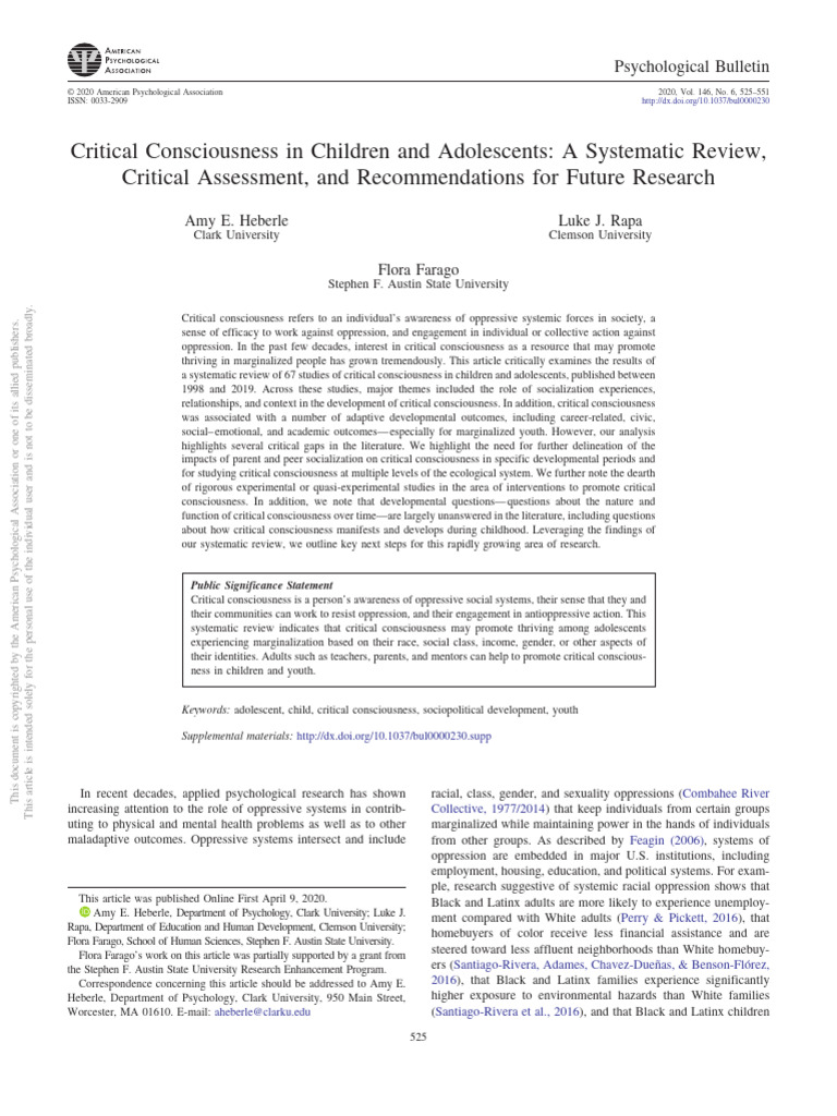 Critical Consciousness in Children and Adolescents A Systematic Review ...