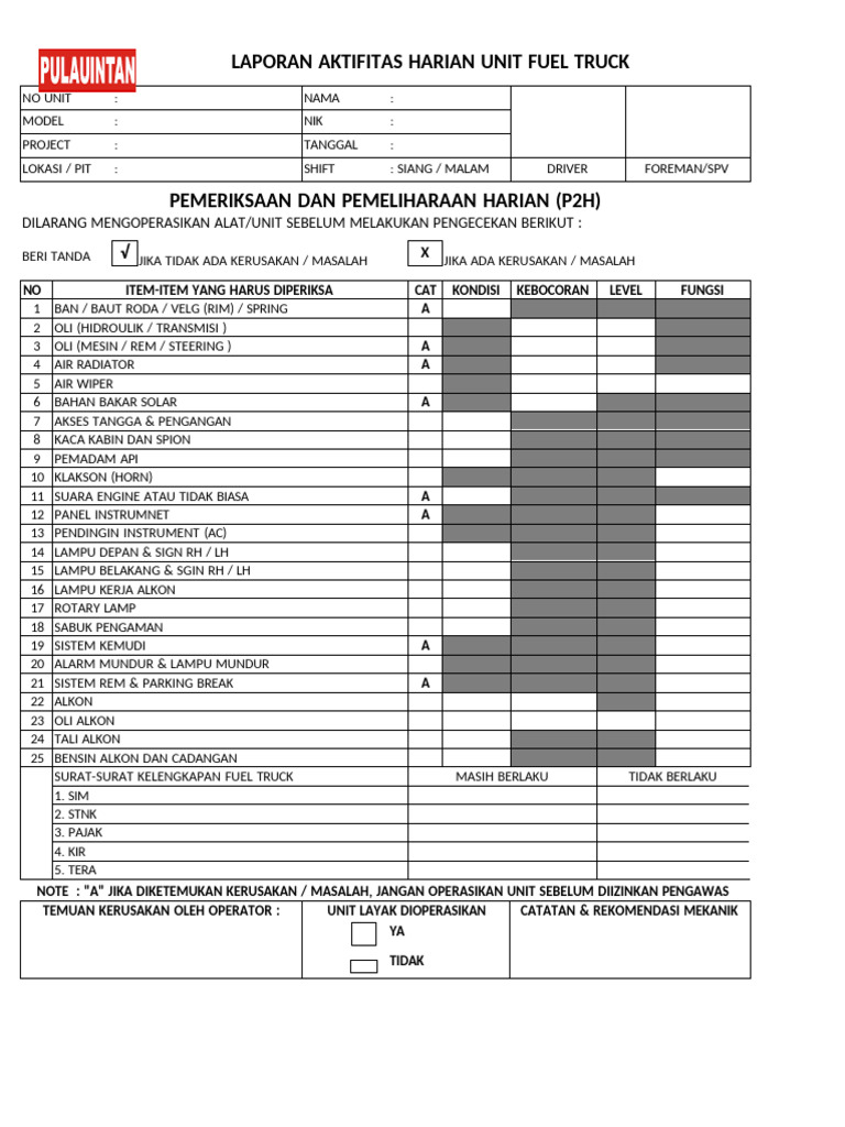 Formulir P2H Dump Truck Harian | PDF