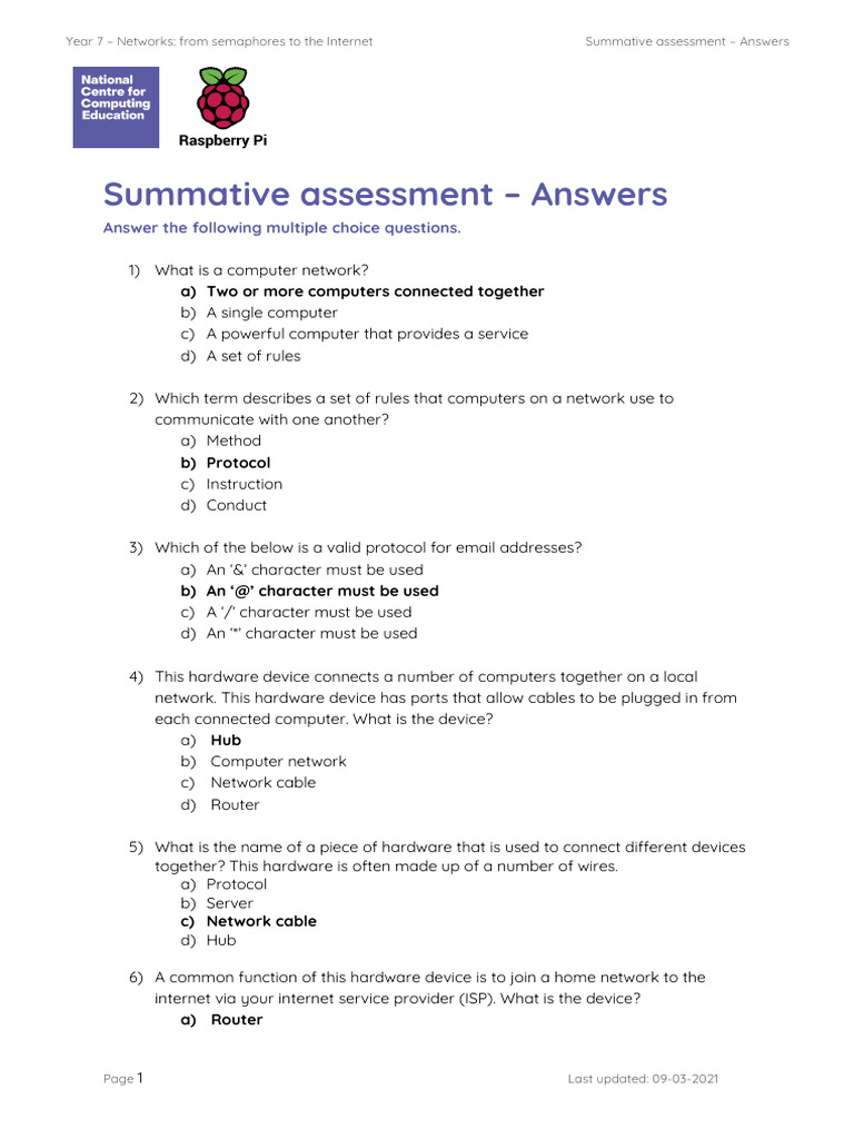 Summative Assessment Answers - Networks - From Semaphores To The Internet - Y7 | PDF | Computer ...