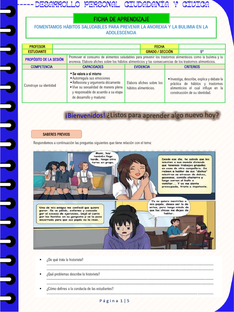 5° DPCC - Ficha de Aprendizaje 1 | PDF | Desorden alimenticio | Bulimia nerviosa
