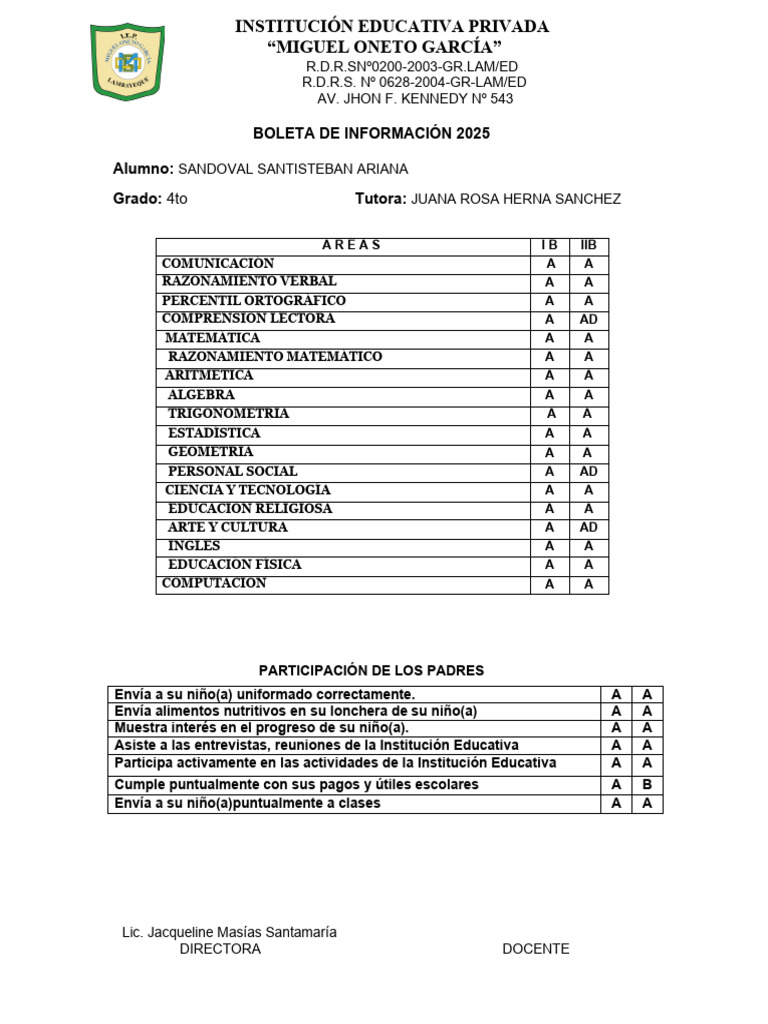 Formato Boletas 4to Sandoval Santisteban Ariana | PDF | Matemáticas