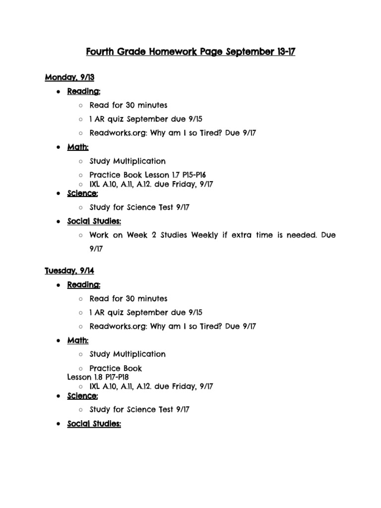 Fourth Grade Homework September 13-17 | PDF