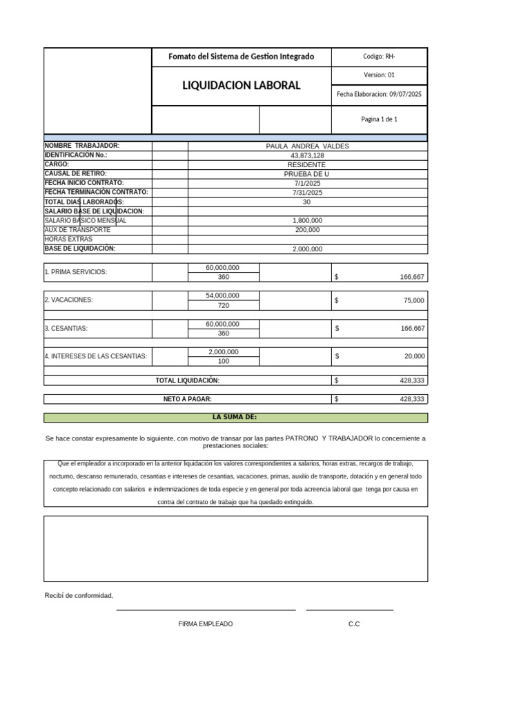 RH-F-10 - Formato de Liquidacion de Prima de Servicio PRUEBA de LA UNIVERSIDAD | PDF | Salario ...