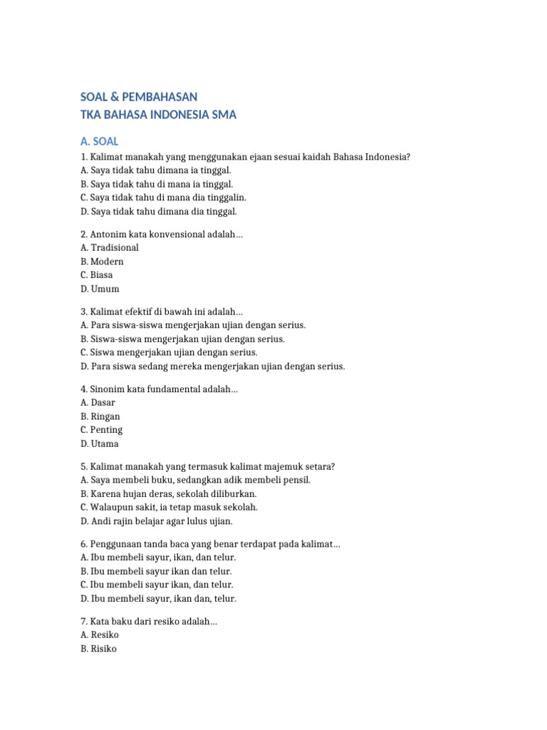 Soal TKA Bahasa Indonesia SMA 2025 | PDF