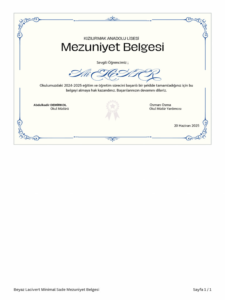 Beyaz Lacivert Minimal Sade Mezuniyet Belgesi | PDF