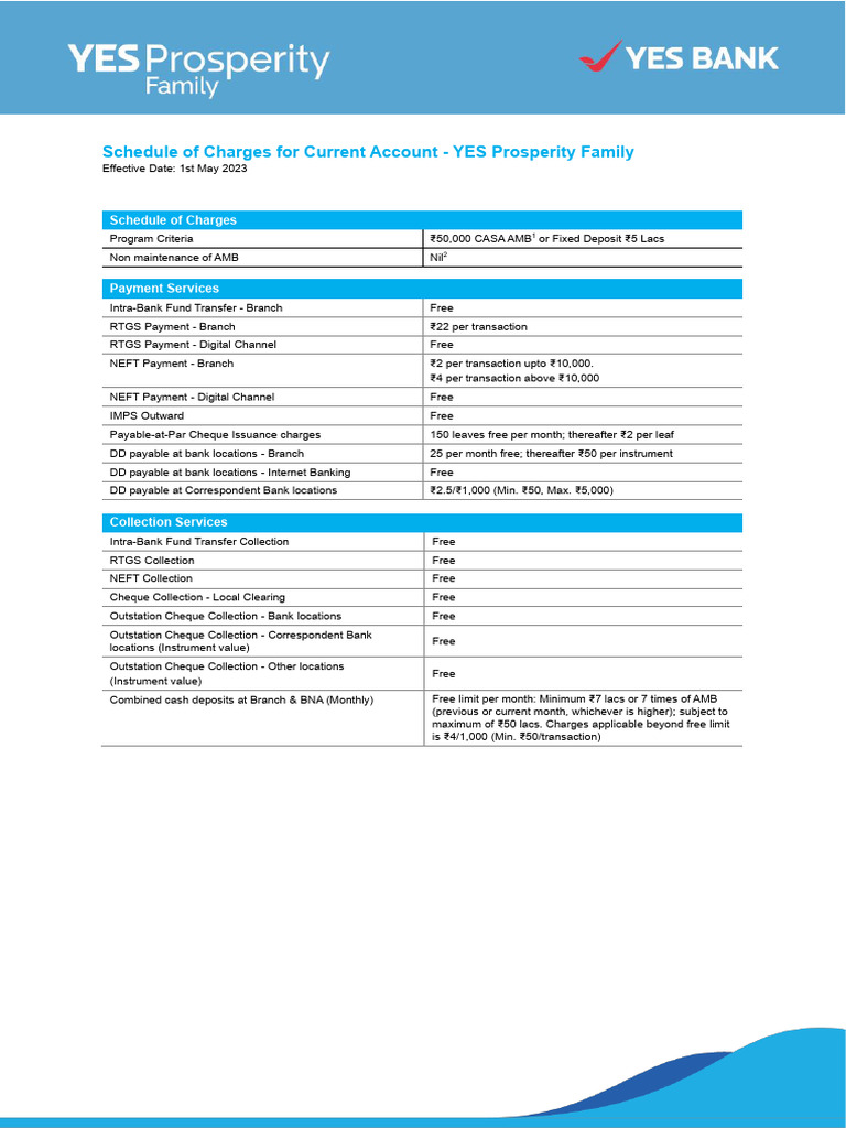 Yes Prosperity Family Current Account Wef 1st May23 | PDF | Cheque | Banks