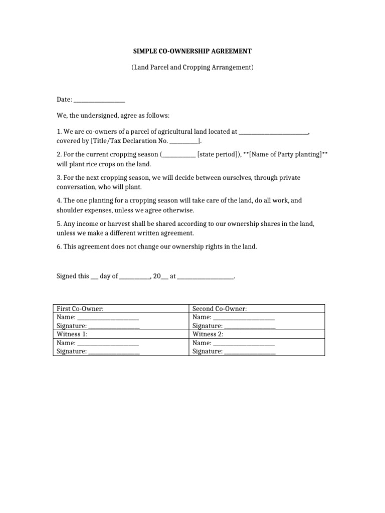Simple Co-Ownership Agreement Template | PDF