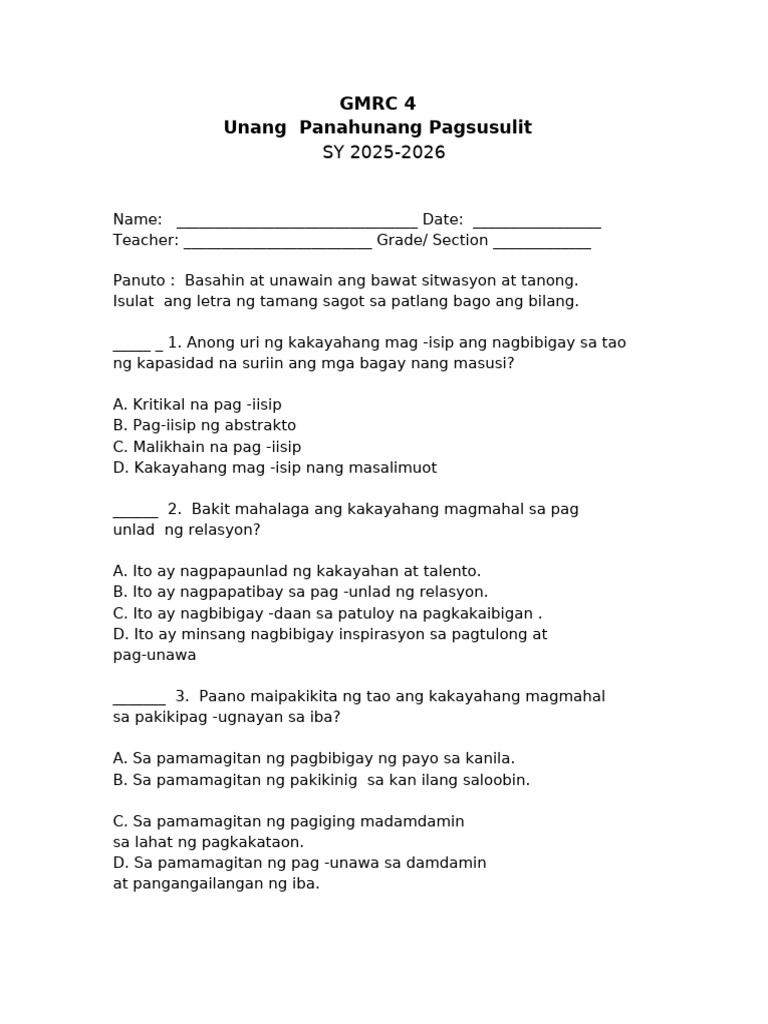 GMRC 4 - 1st Periodic Test | PDF