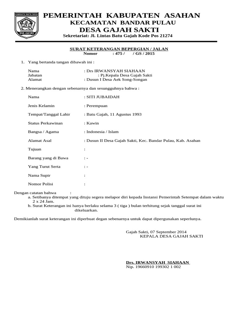 Surat Keterangan Bepergian Gajah Sakti | PDF