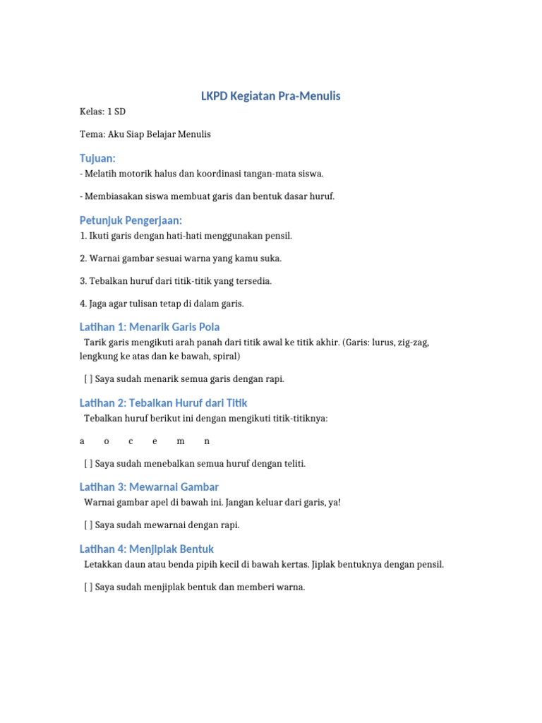 LKPD Pra-Menulis Kelas 1 SD | PDF