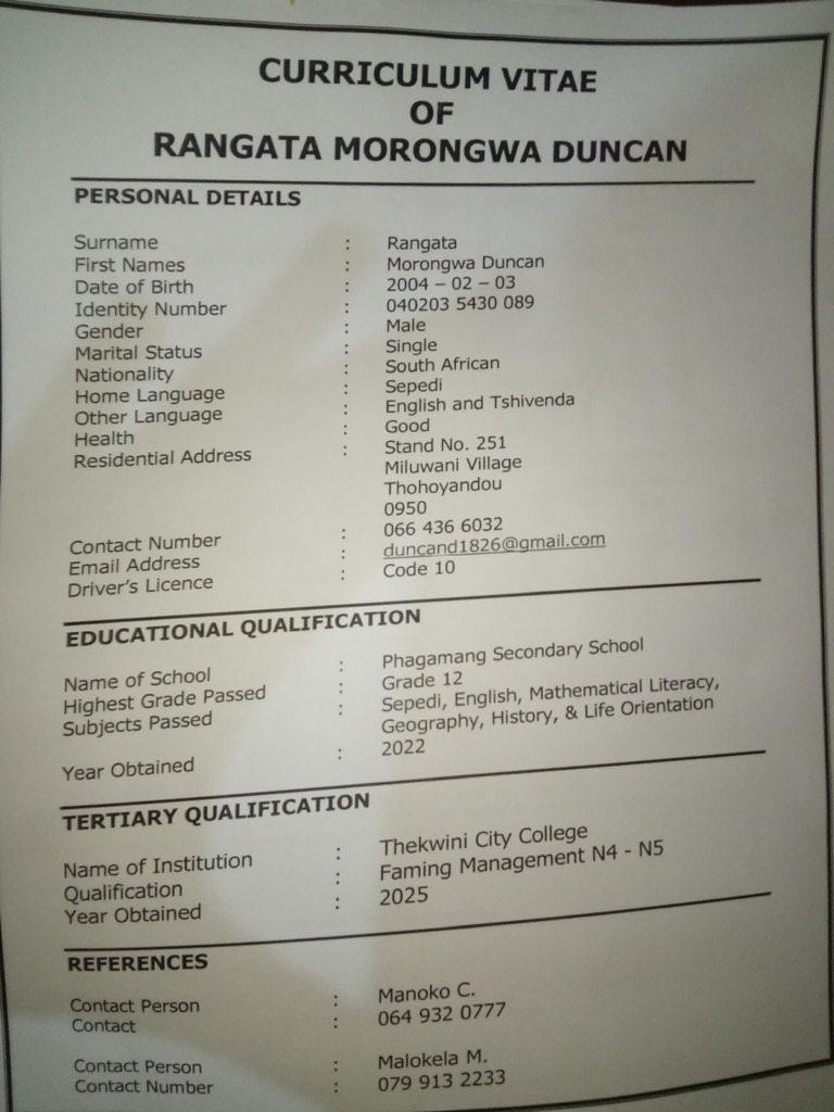 Rangata Moro's CV and Qualifications | PDF | Educational Stages