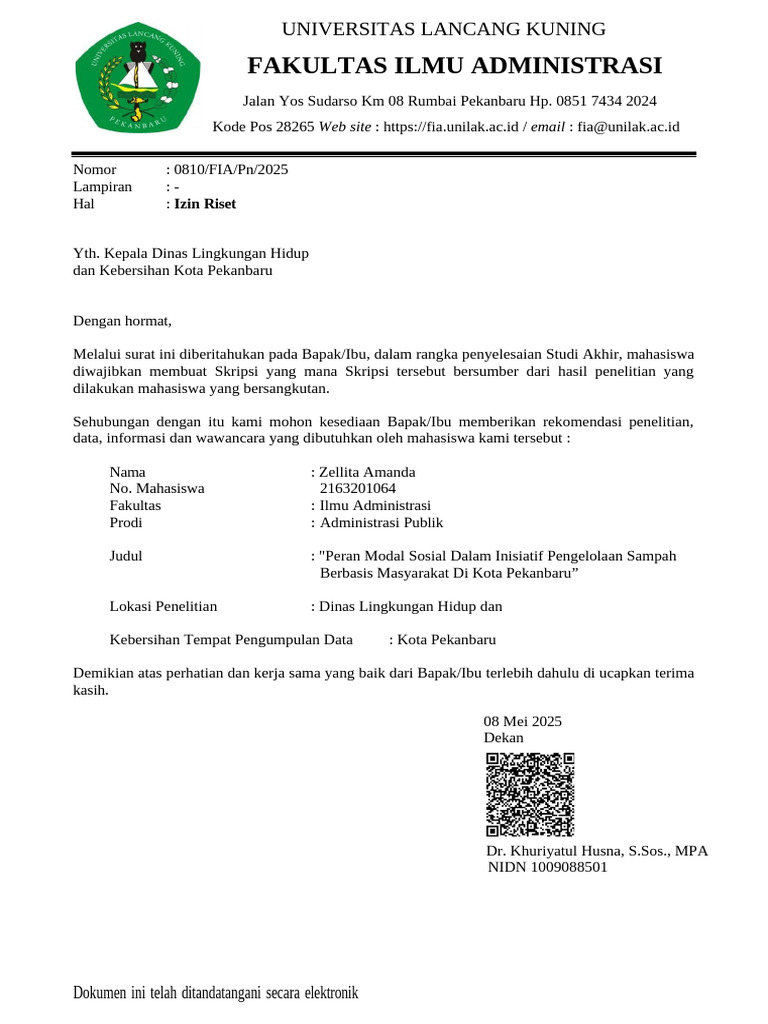 Surat Riset Zellita | PDF