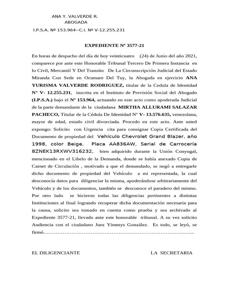 Para Consignar Diligencias Documento Vehiculo | PDF