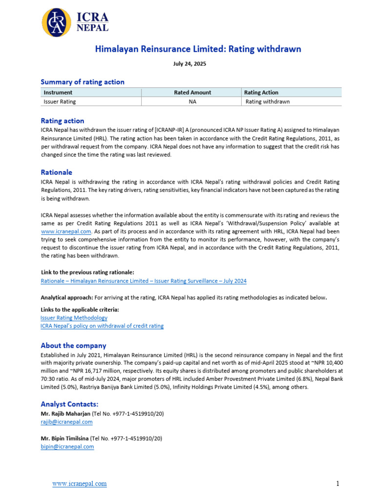 Himalayan Reinsurance Rating Withdrawn | PDF | Business