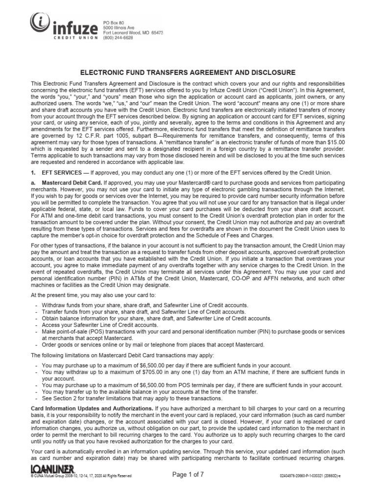 Electronic Funds Transfer Agreement | PDF | Credit Card | Overdraft