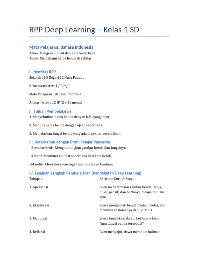 RPP Deep Learning Kelas 1 Bahasa Indonesia | PDF