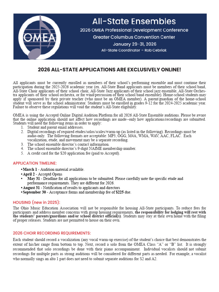 2026 OMEA All-State Audition Details | PDF | Orchestras | Trombone