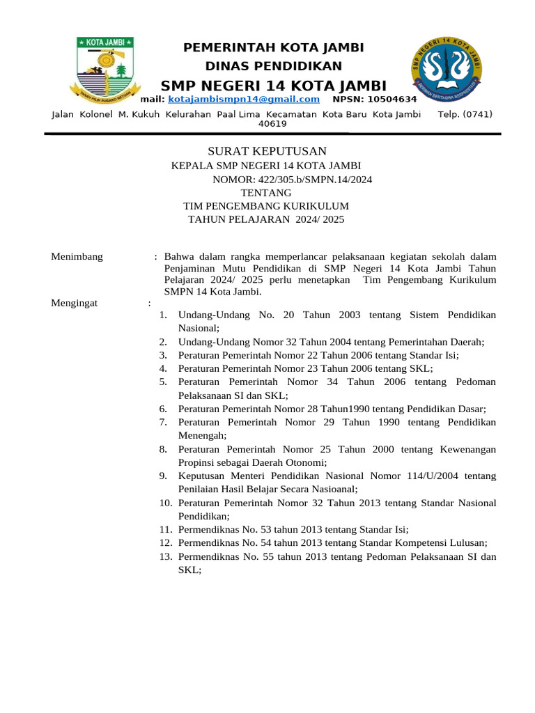 Tim Pengembang Kurikulum SMPN 14 Jambi | PDF