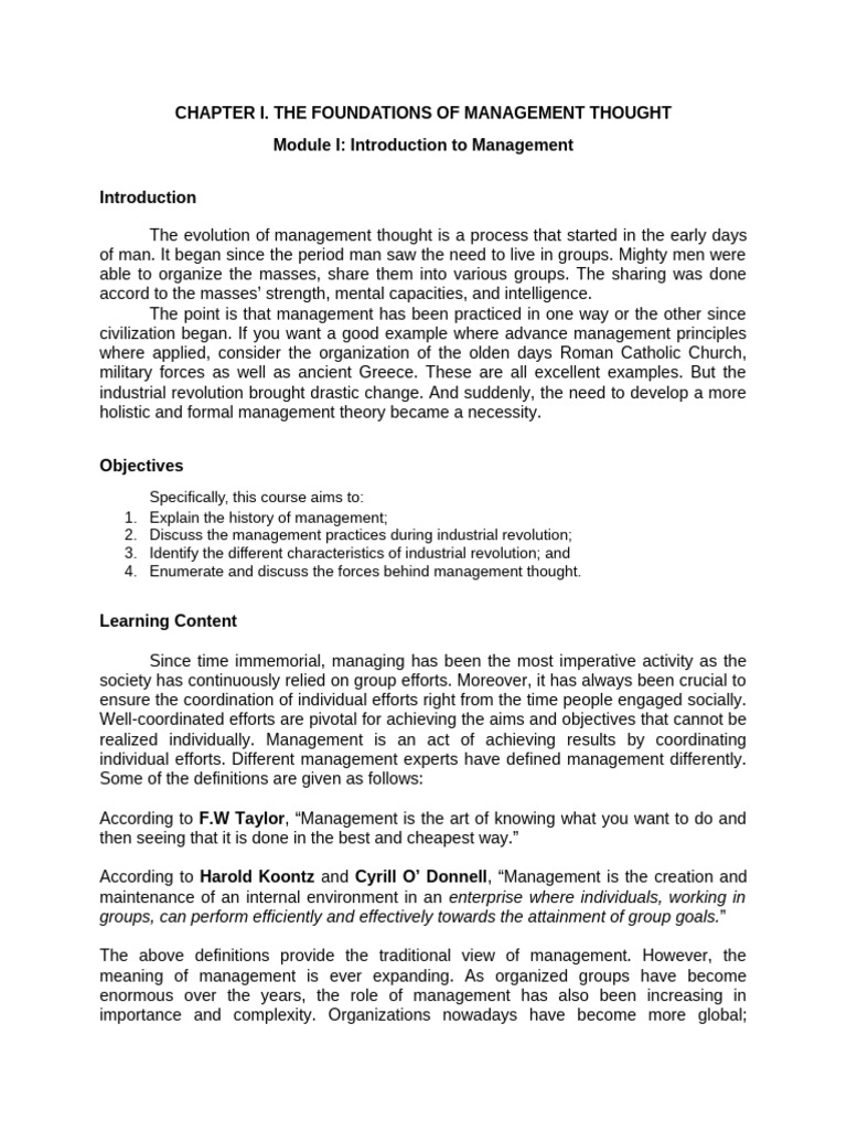 MTP Chapter I The Foundations of Management Thought | PDF | Market (Economics) | Industrial ...