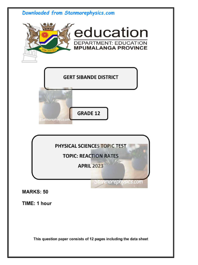 MP Physical Science Grade 12 TEST Rates of Reaction 2023 and Memo | PDF