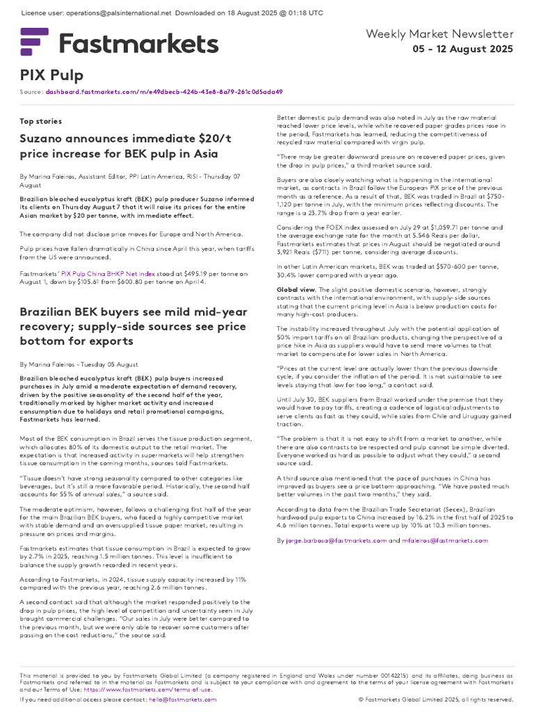 Fastmarkets PIX Pulp Weekly 2025-08-12 | PDF | Pulp (Paper) | Futures ...
