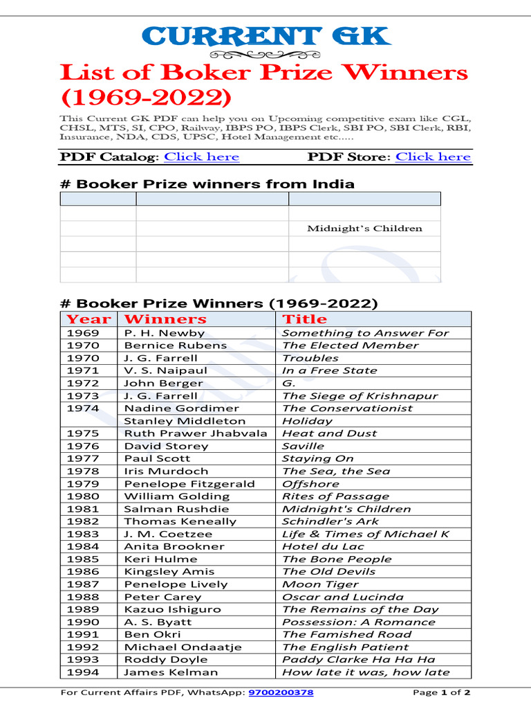 Booker Prize Winners (1969-2022) | PDF | English Language Literature ...