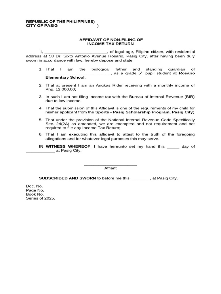 Affidavit of Non-Filing of Income Tax Return | PDF