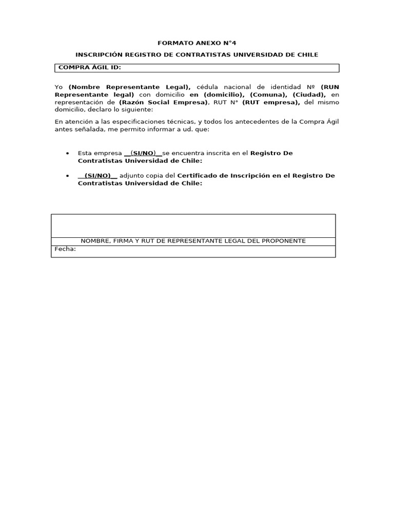 Formato Anexo N°4 Registro de Contratistas Uchile | PDF