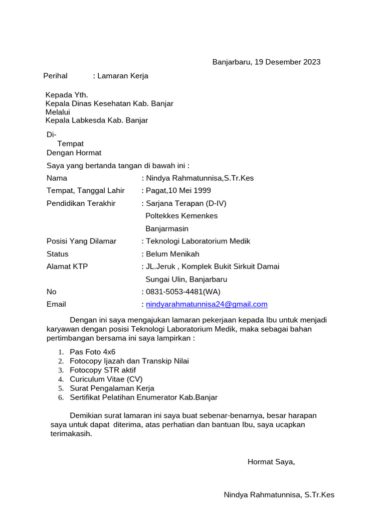 Lamaran Kerja Nindya | PDF