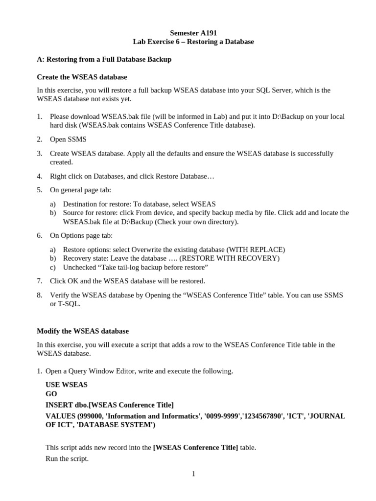 Lab Exercises 6 - Restoring Databases | PDF | Databases | Microsoft Sql Server