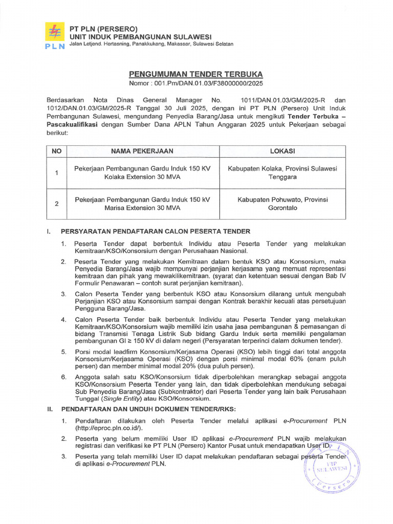 04085532-Pengumuman Tender Terbuka PLN UIP Sulawesi | PDF