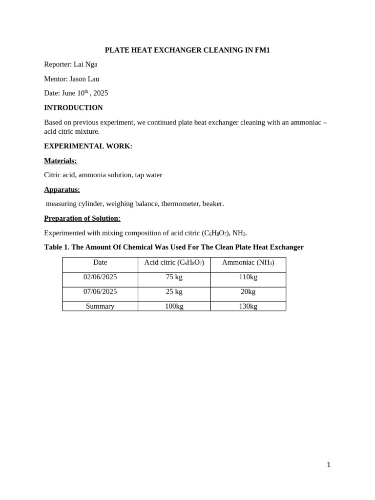 Plate Heat Exchanger Cleaning in Fm1 | PDF | Ammonia | Chemical Substances