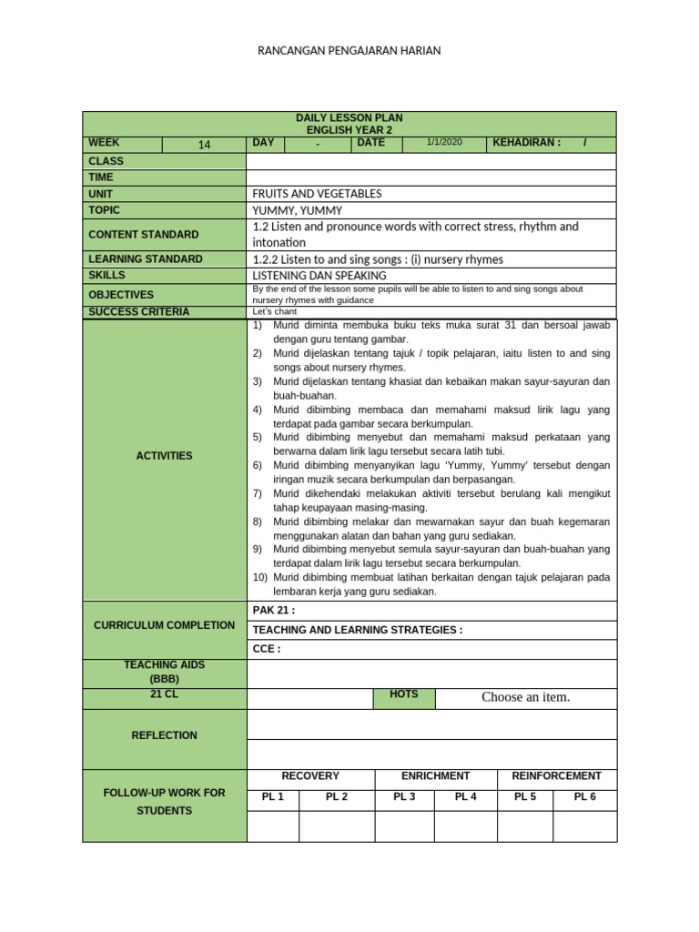 RPH English Tahun 2 Unit 7 Fruits and Vegetables | PDF