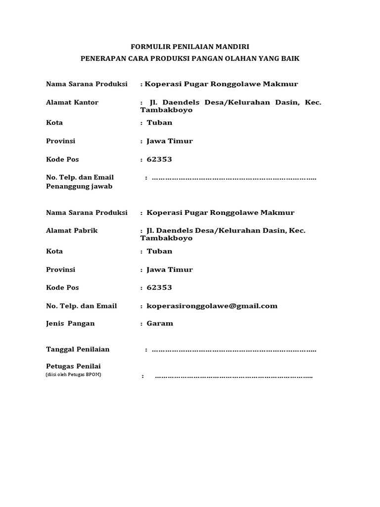 Formulir_Penilaian_Mandiri_Penerapan_CPPOB | PDF