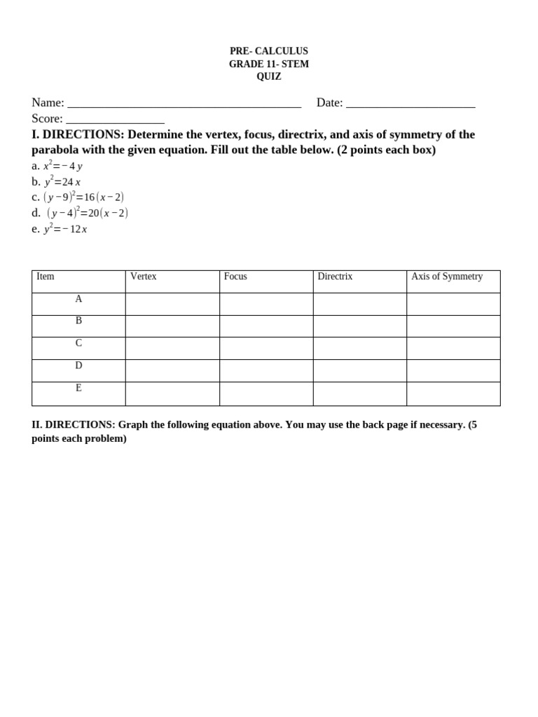 Pre Calculus Parabola Activity | PDF